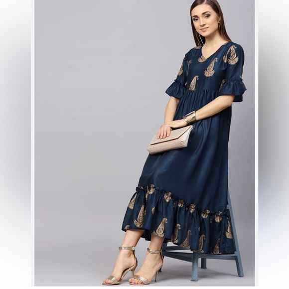 Libas | Dresses | Libas Women Navy Blue Golden Block Print Maxi Dress ...
